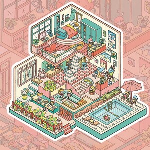 3D Isometric Sticker 4 Scenes - 4 Themes Sets: Girls Party|villa Party ...