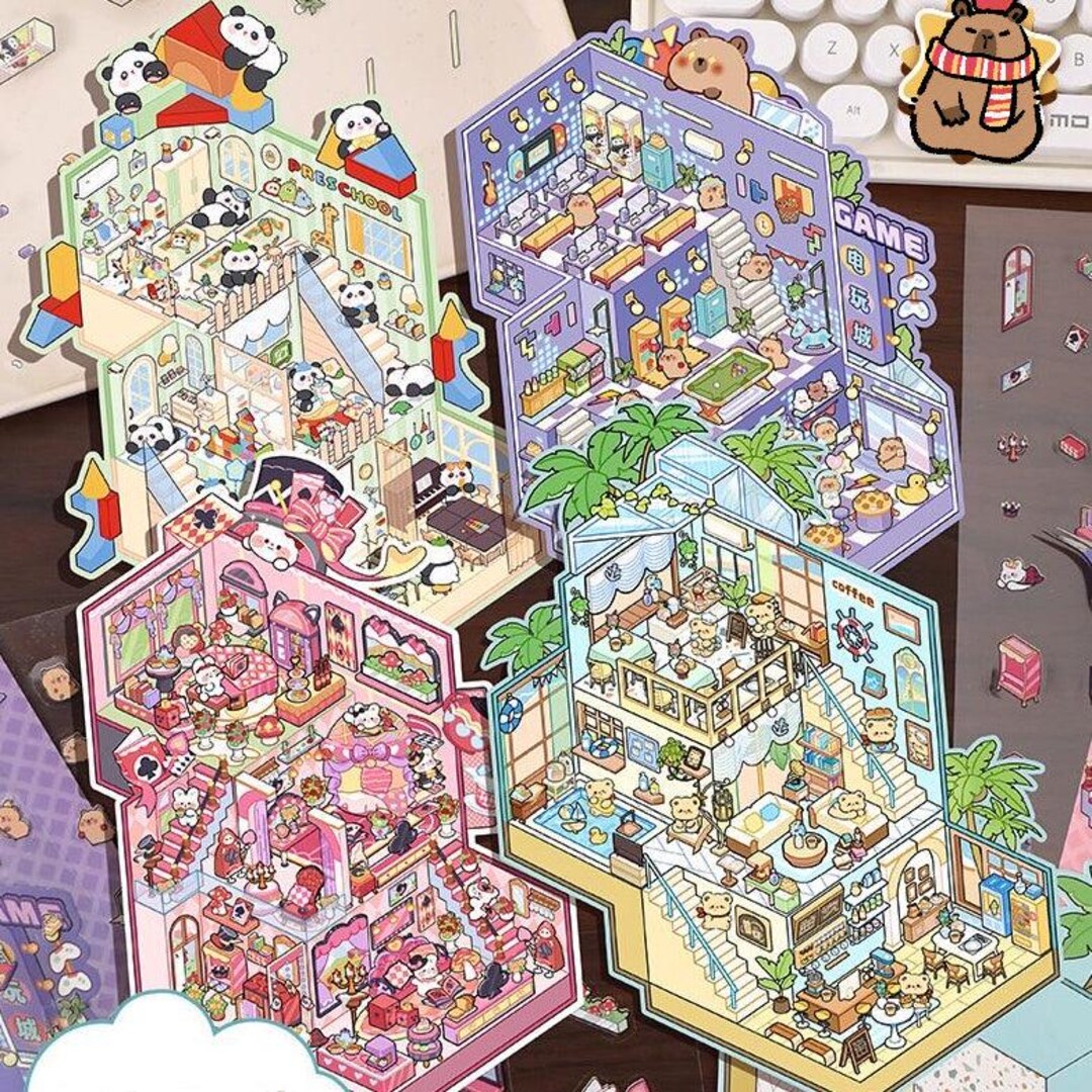 3D Isometric Large Sticker 4 Scenes - Make Your Own: Bear Coffee|panda ...