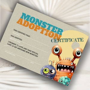 EDITABLE Adopt A Monster Certificate Sign Monster Bash Birthday Little ...