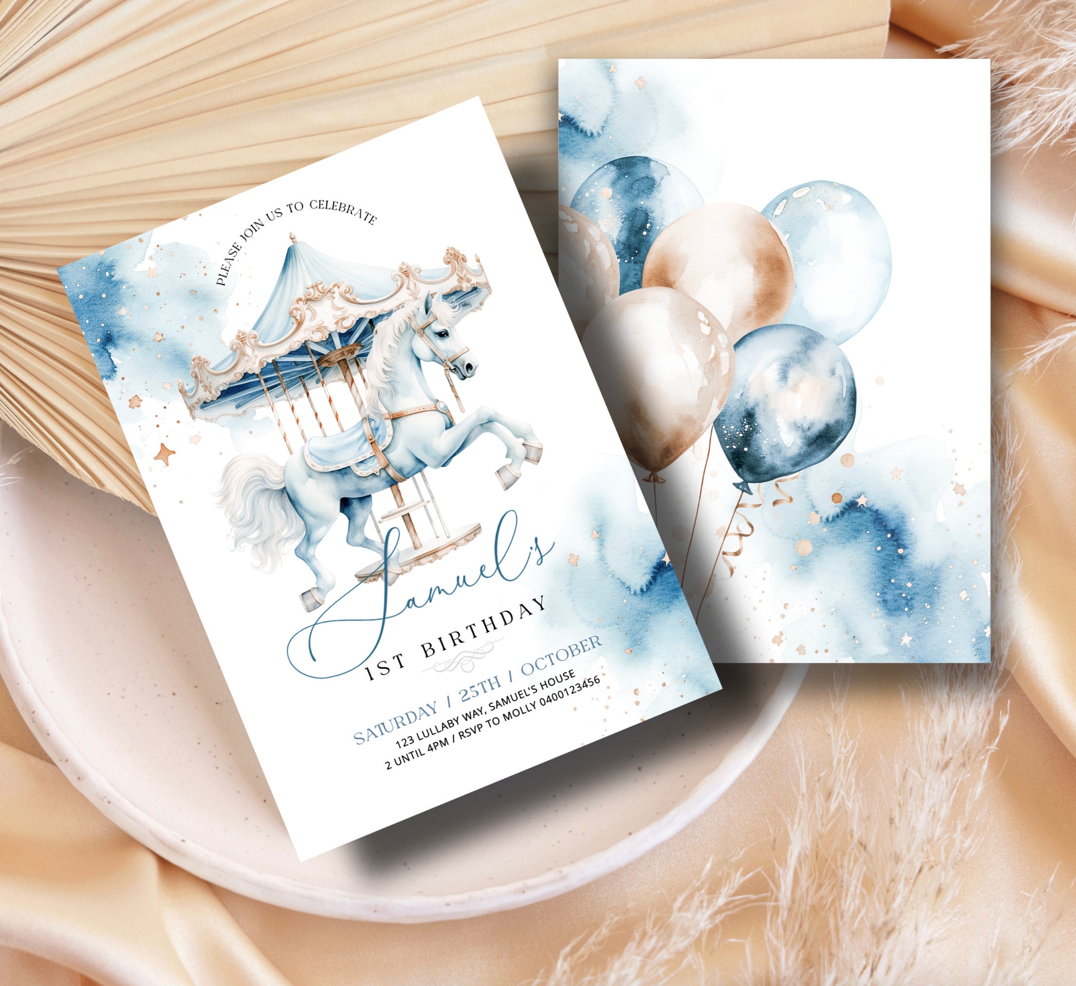 Editable Watercolor Carousel Birthday Invitation, Classic Blue Carousel ...