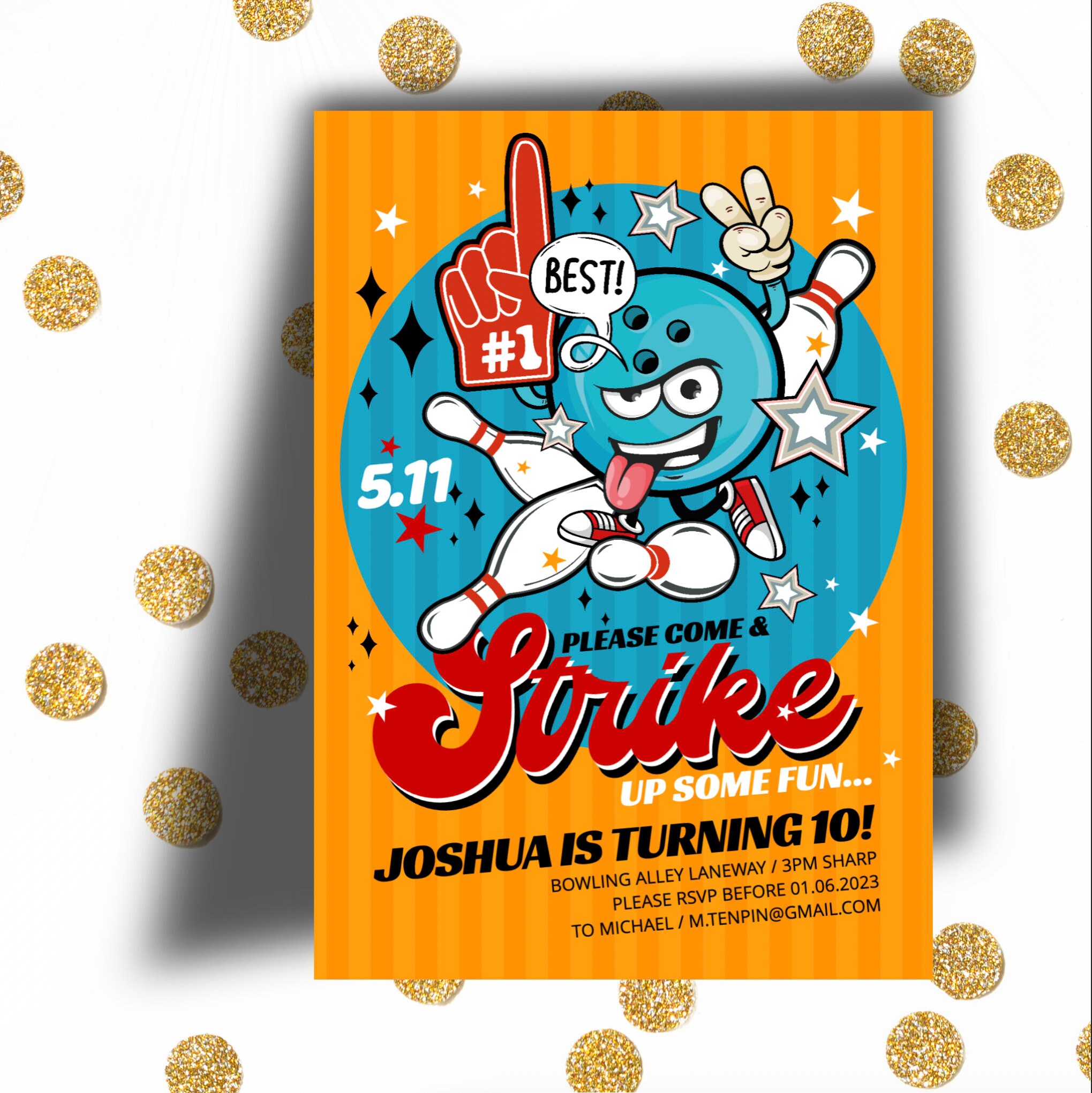 EDITABLE Retro Bowling Birthday Invite Strike Bowls Birthday Invite ...