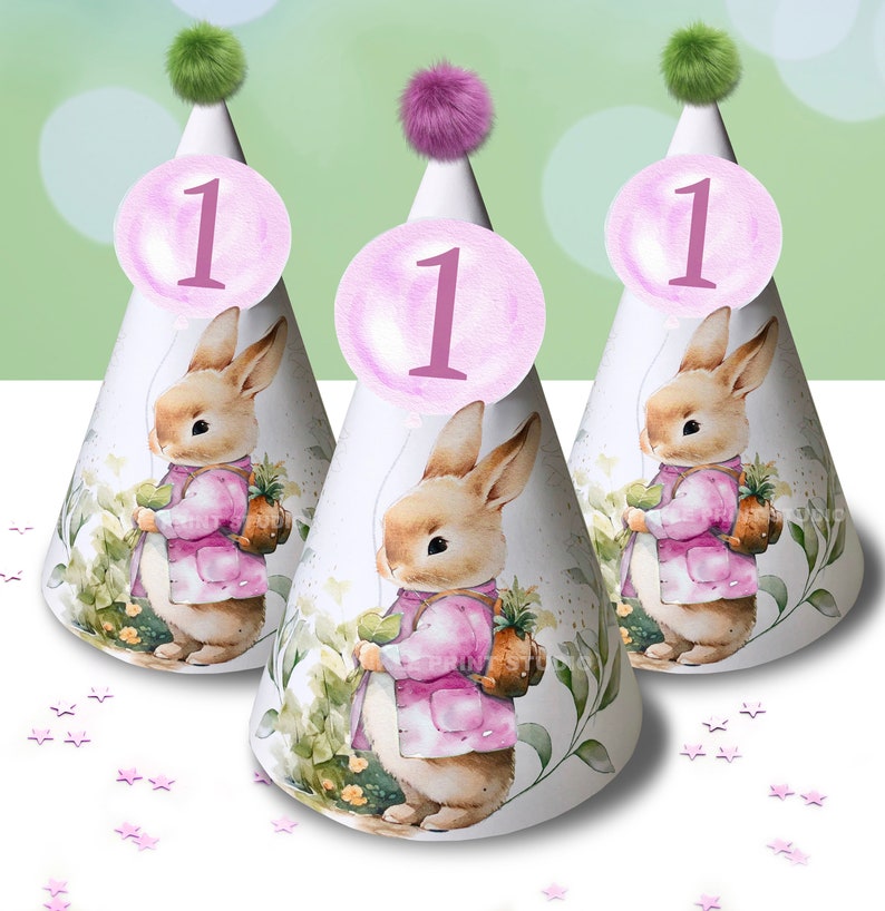 PRINTABLE Bunny Birthday Party Hats Rabbit Theme Rabbit 1st Birthday ...