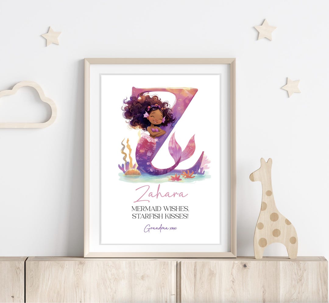 Custom Mermaid Print, Mermaid Initial Poster, Personalised Mermaid Girl ...
