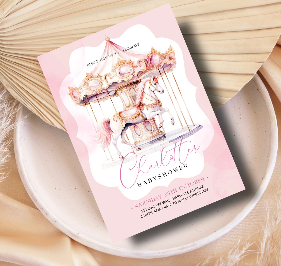 Carousel Pastel Pink Baby Shower Invitation Editable Party Invite Merry ...
