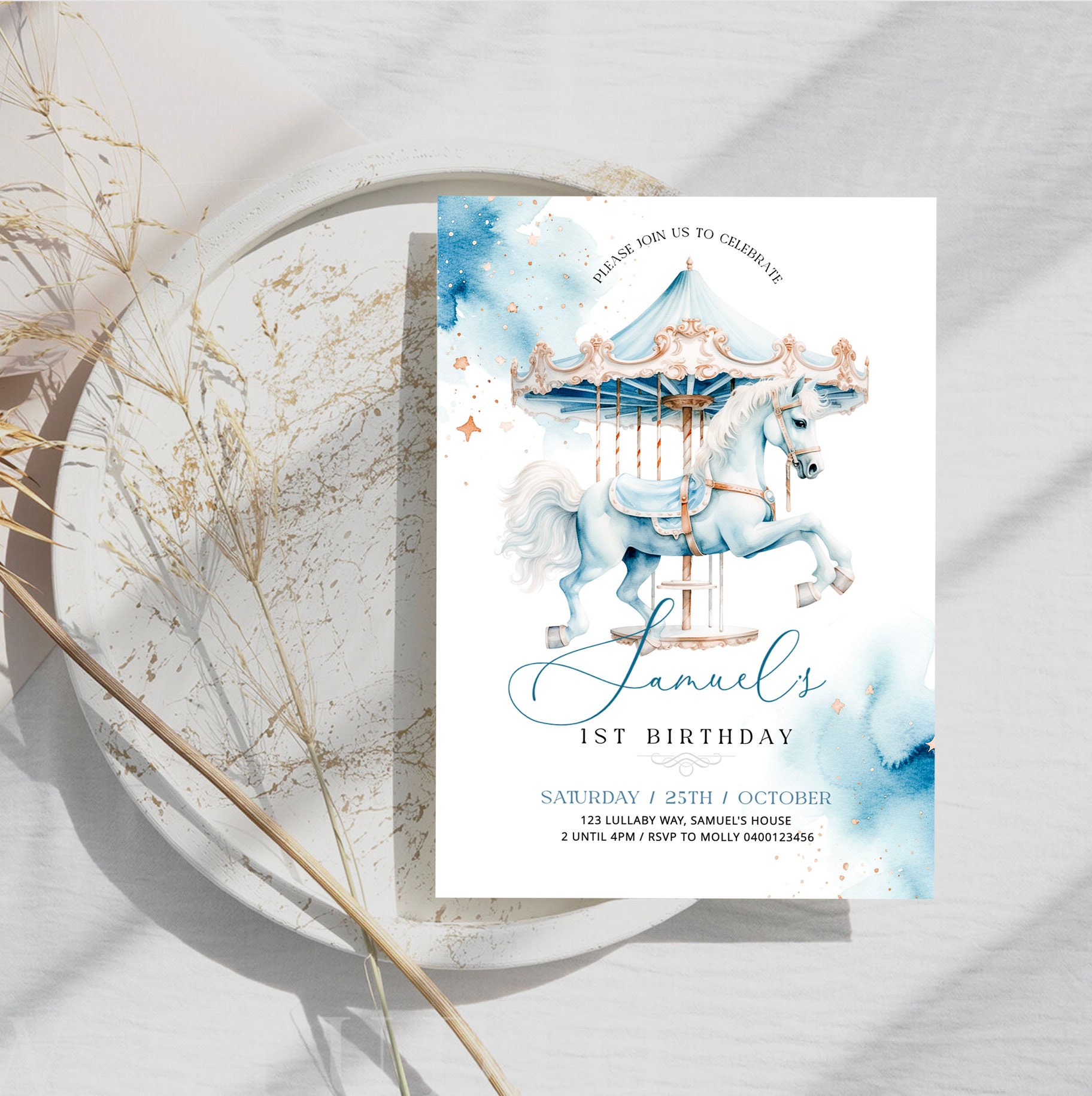 Editable Watercolor Carousel Birthday Invitation, Classic Blue Carousel ...