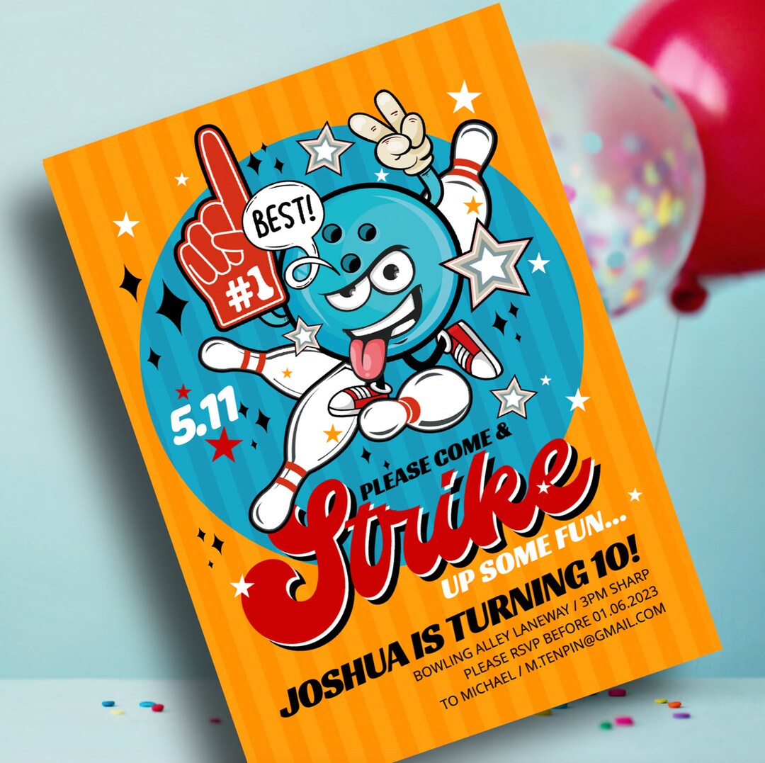 EDITABLE Retro Bowling Birthday Invite Strike Bowls Birthday Invite ...