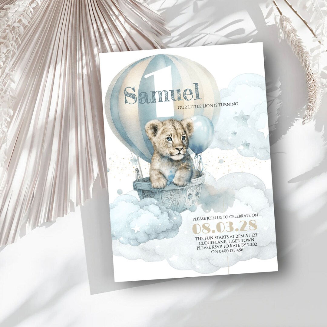 Editable Lion Birthday Invitation 1st Birthday Invite Lion in Balloon ...
