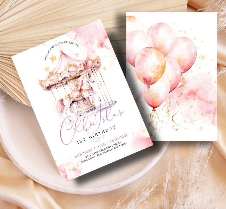 Watercolor Carousel 1st Birthday Invitation, Pink & Gold (digital ...