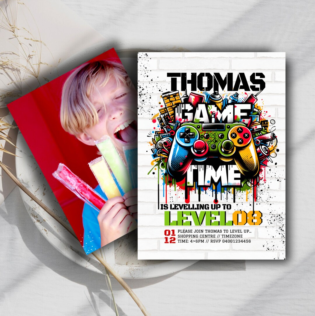 GAMER VIDEO Game Birthday Invitation Glow Game Party Level up ...