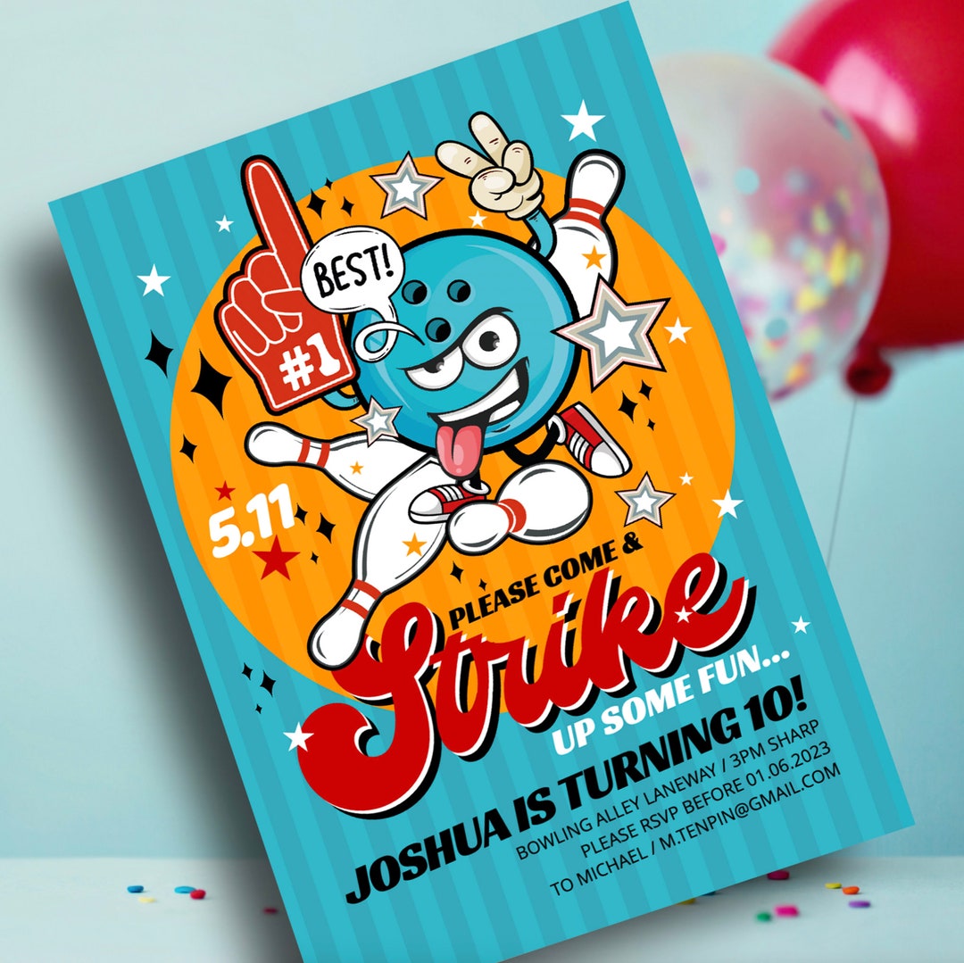 EDITABLE Retro Bowling Birthday Invite Strike Bowls Birthday Invite ...