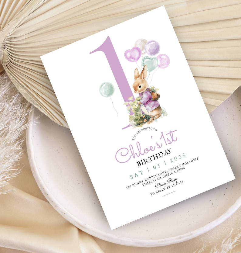 Rabbit 1st Birthday Invitation, Pink Girl Theme (digital Download) - Etsy
