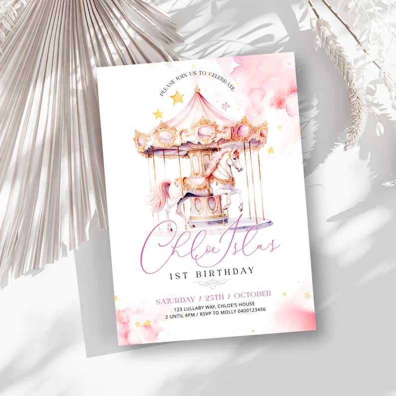 Editable Watercolor Carousel Birthday Invitation, Classic Pink Carousel ...