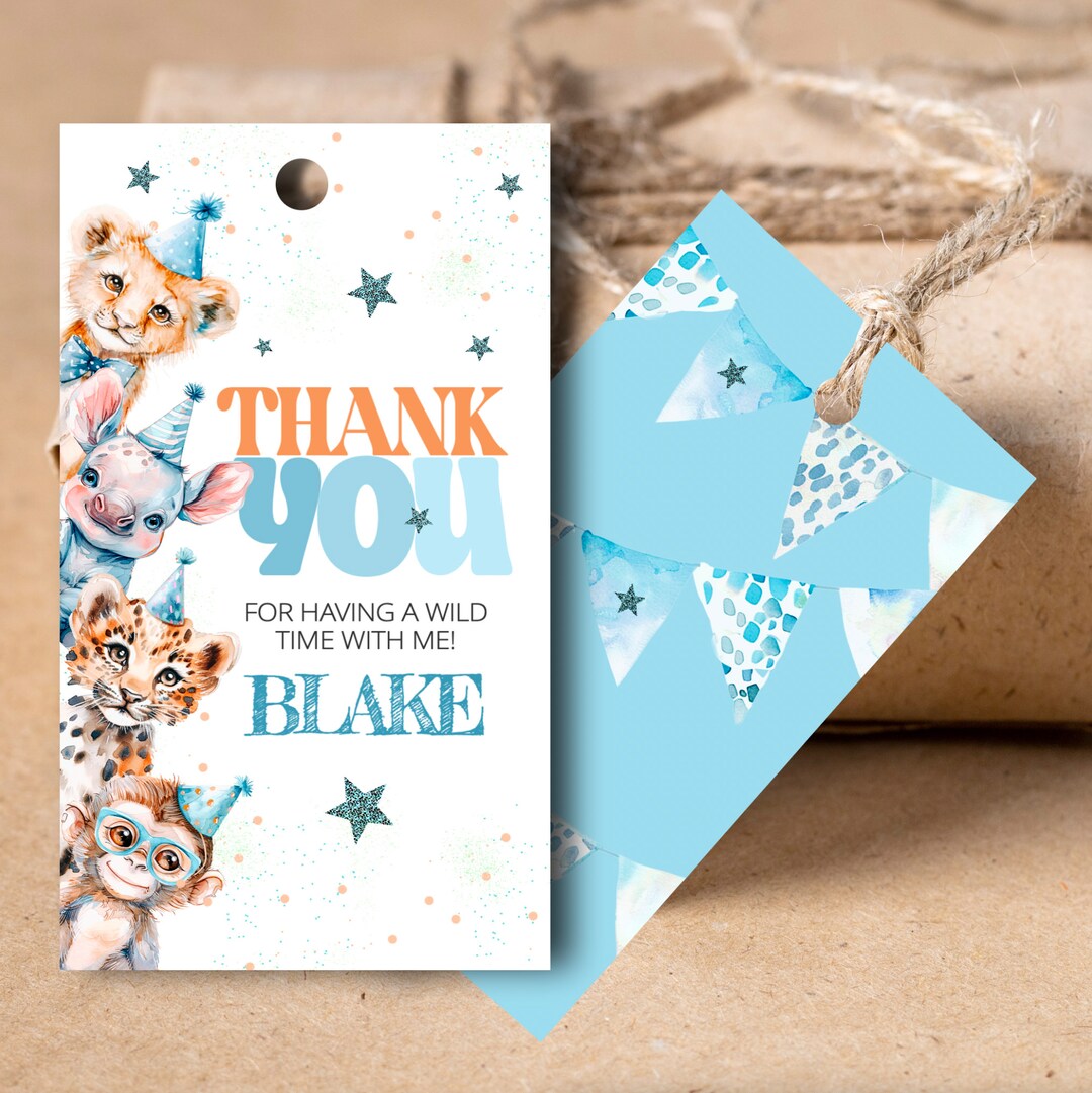 WILD ONE Thank You Tag 1st Birthday Party Gift Tag Jungle Animals 1st ...