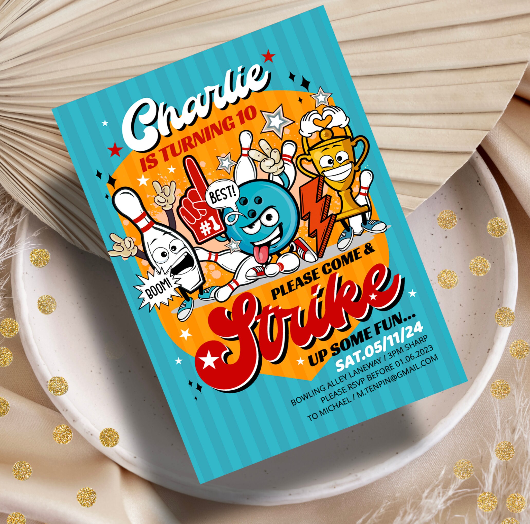 EDITABLE Retro Bowling Birthday Invite Strike Bowls Birthday Invite ...