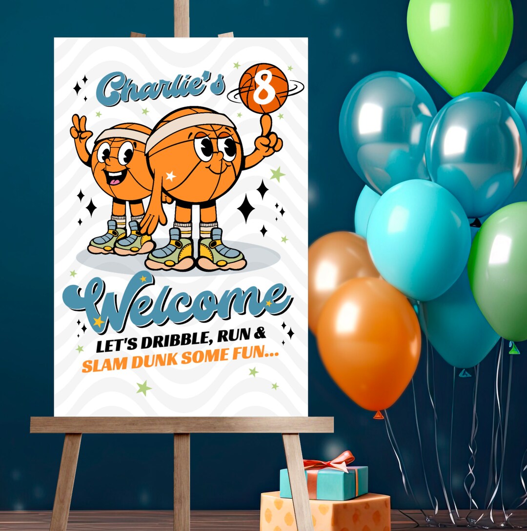 Retro Basketball Birthday Welcome Sign, Slam Dunk Party Decor (digital ...