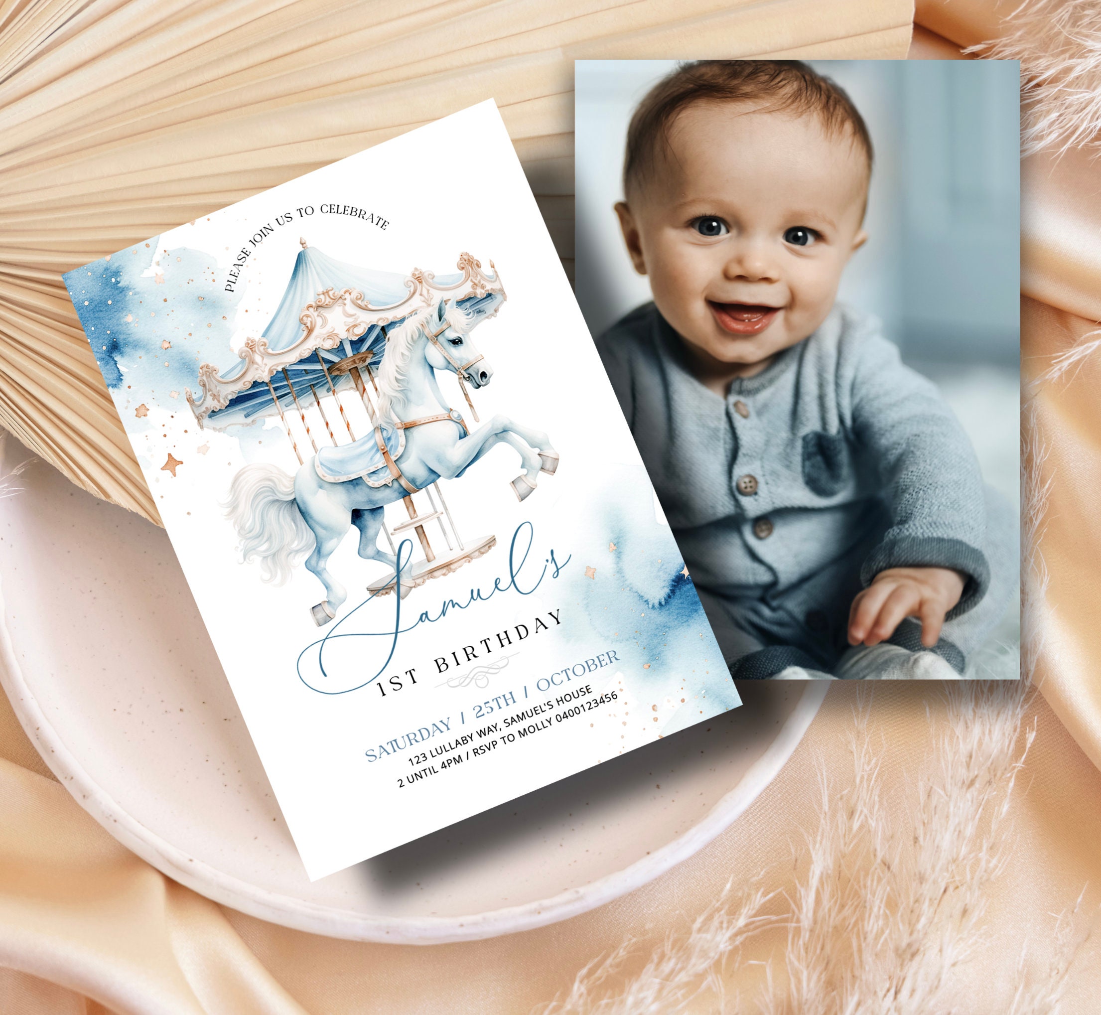 Editable 1st Birthday Carousel Invitation, Blue Carousel, Carousel ...
