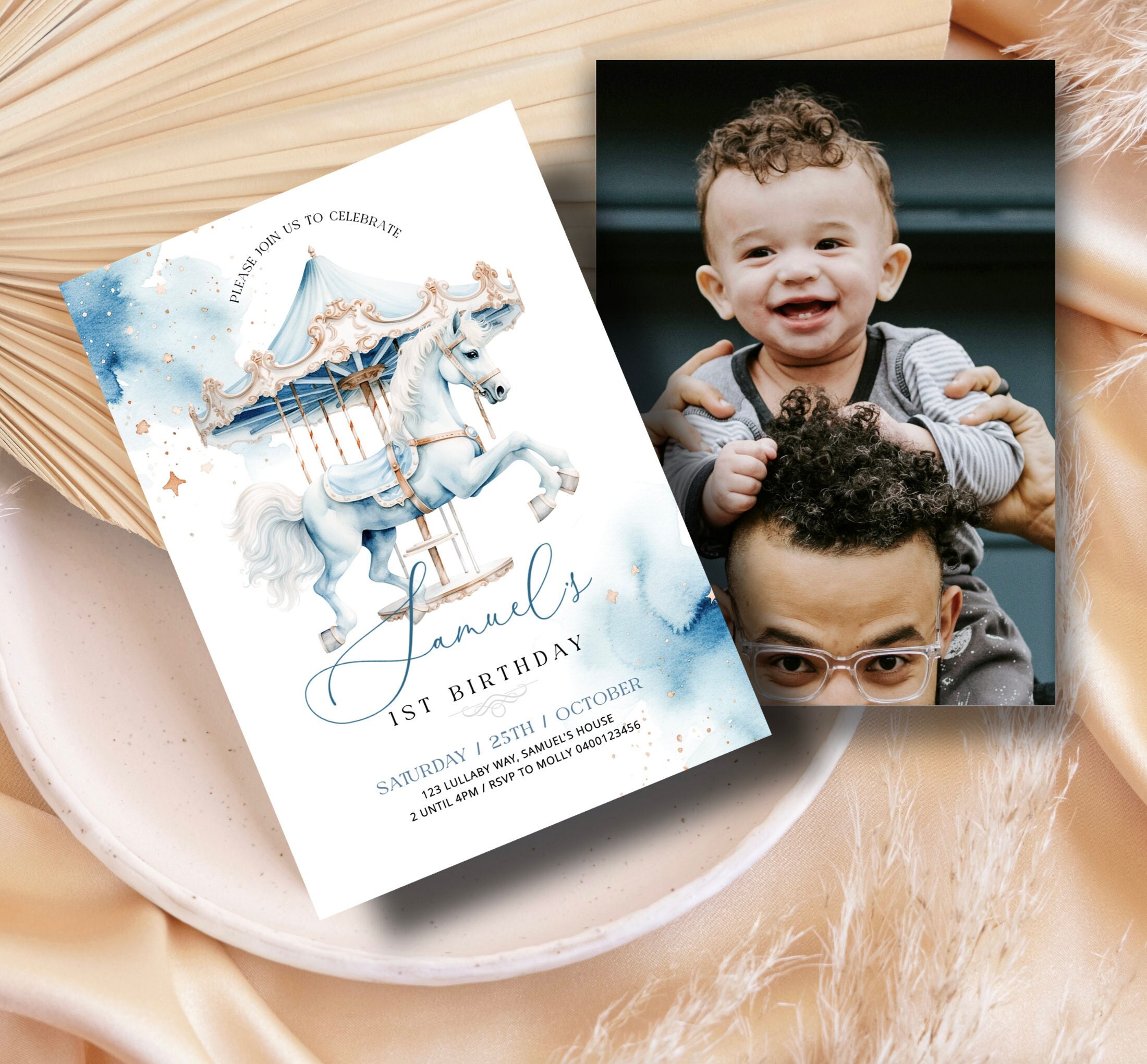 Editable Watercolor Carousel Birthday Invitation, Classic Blue Carousel ...
