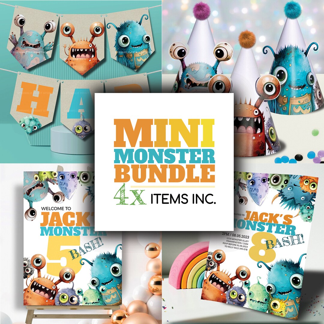 Editable Monster Birthday Party Bundle: Invitation, Banner, Sign, Hats ...