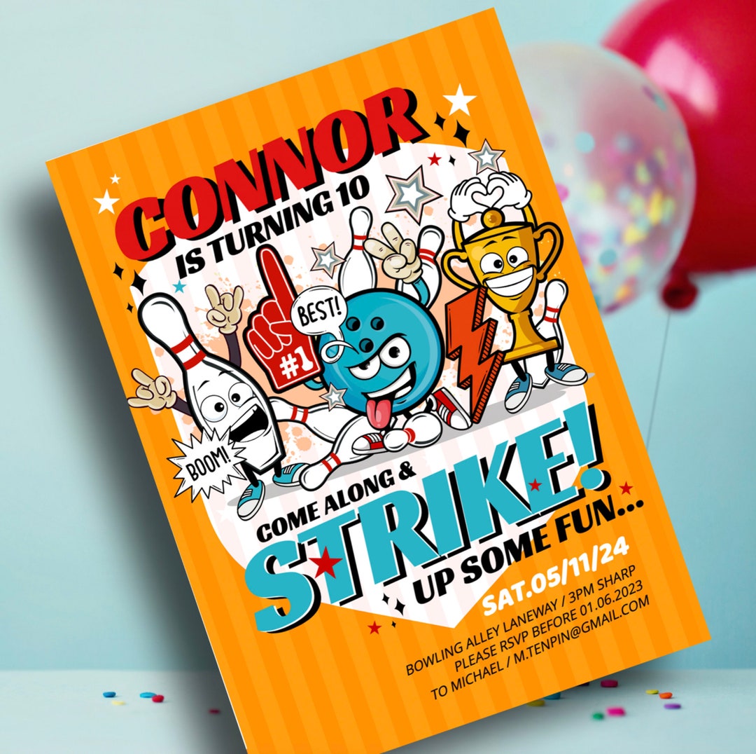 Editable Ten Pin Bowling Birthday Invitation Strike up Some Fun Boy ...