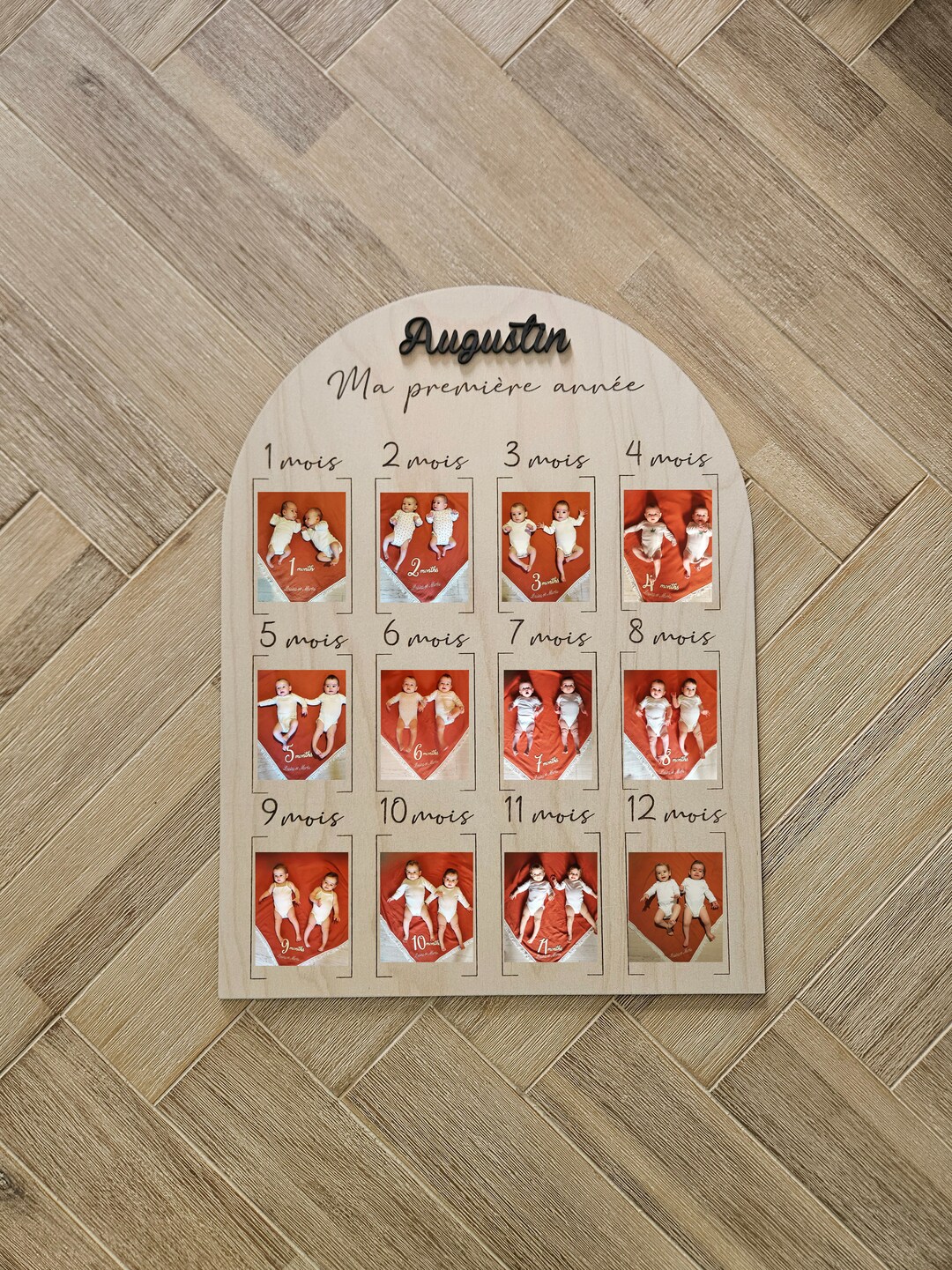 Baby's First Year Souvenir Photo Panel - With First Name in Walnut Wood ...
