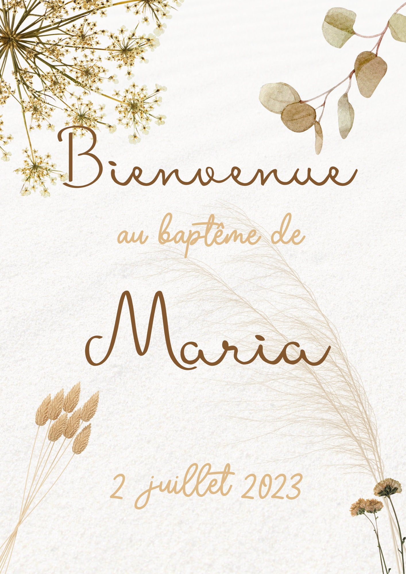 Affiche de baptême bienvenue personnalisée fleurs séchées nature ...