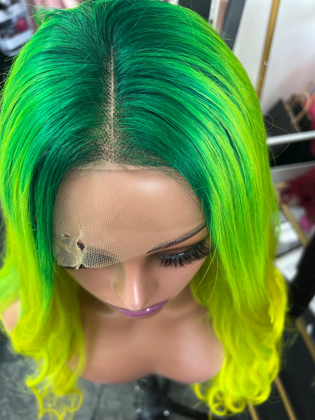 GLORIA / 100% Human Hair CUSTOMIZED WIG Long Neon Yellow Wig Green Root ...