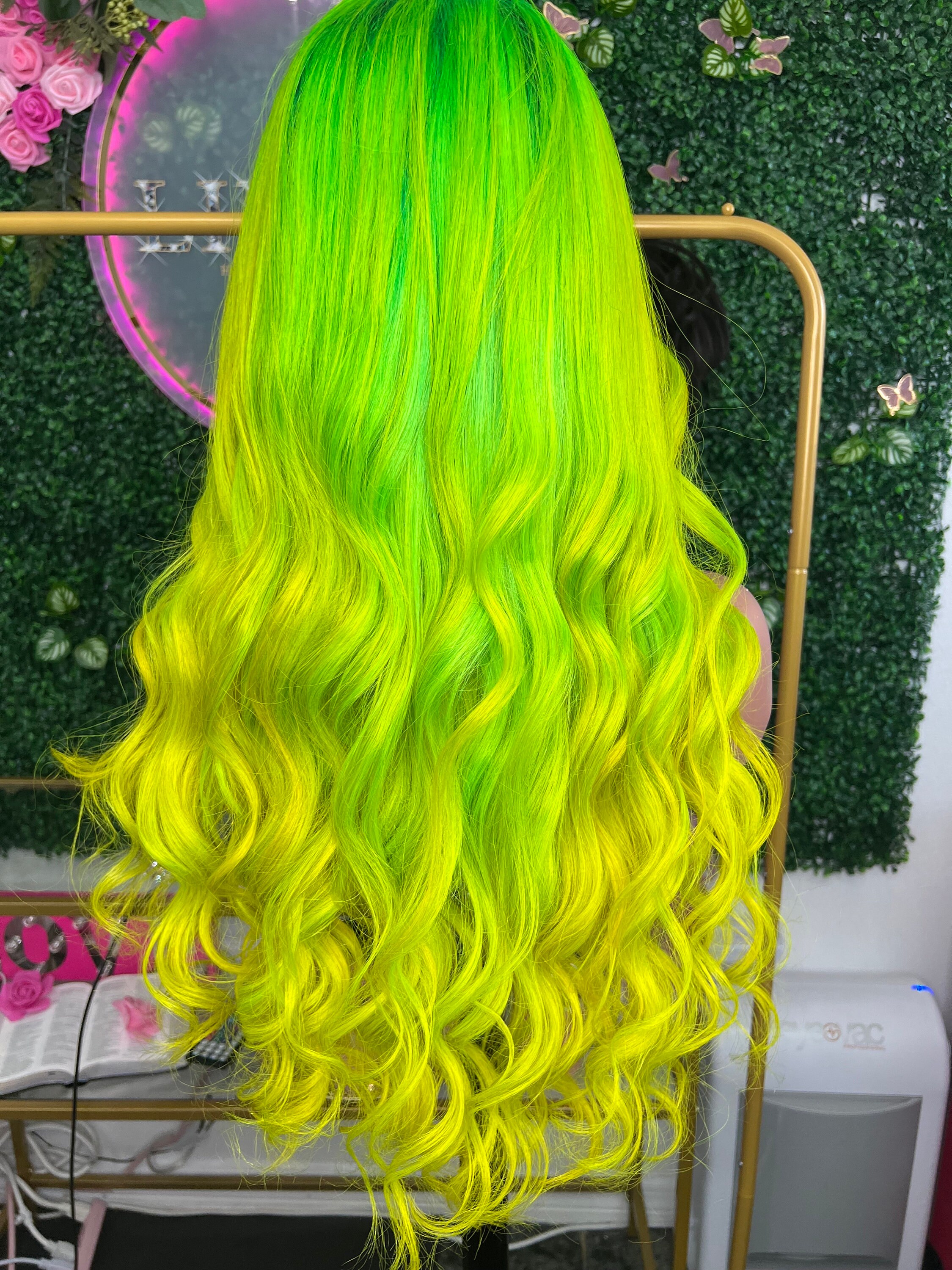 GLORIA / 100% Human Hair CUSTOMIZED WIG Long Neon Yellow Wig Green Root ...