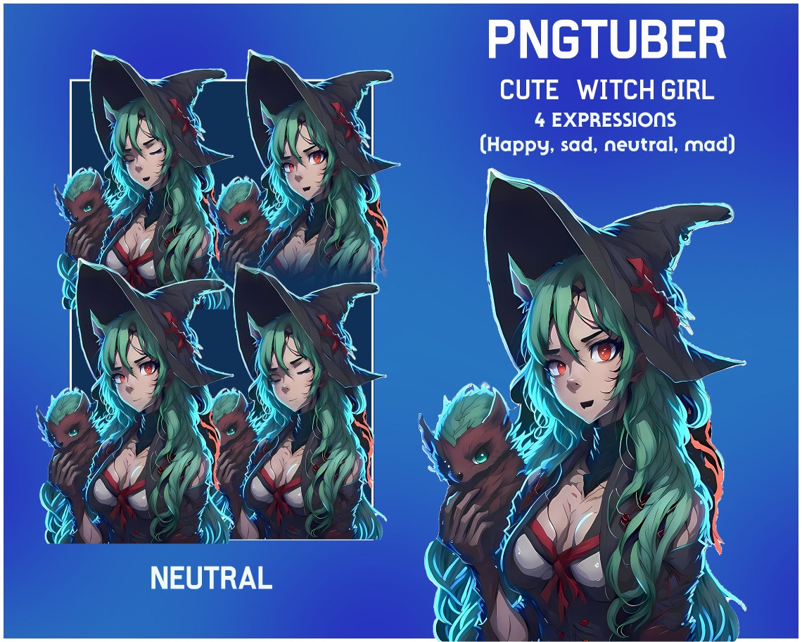 PNGTUBER Cute Witch Girl Vtuber 4 Expressions Premade Female Streamer Magical 2D Model Vtuber ...