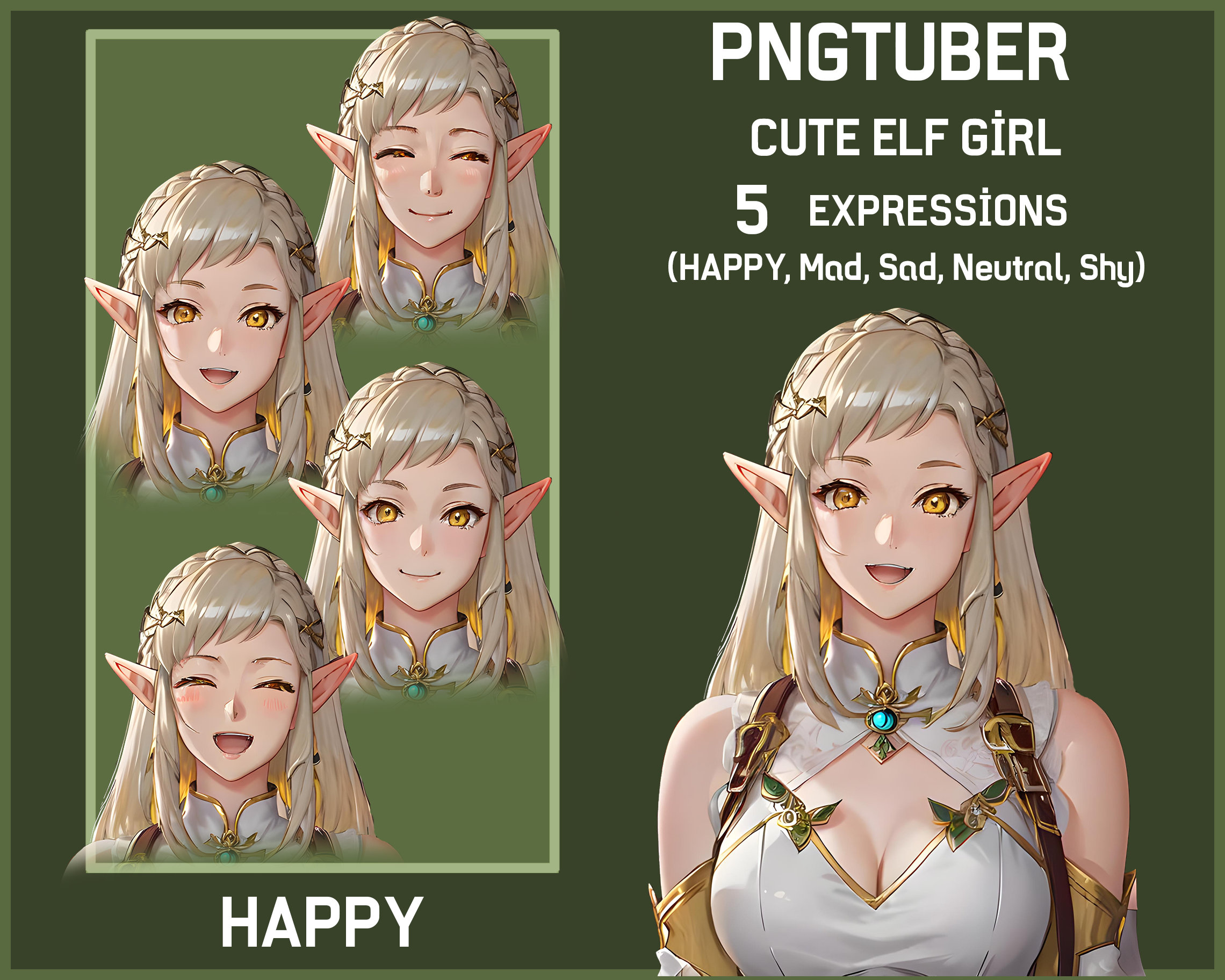 PNGTUBER - Cute ELF Girl - Vtuber - 5 Expressions - Premade - Female ...