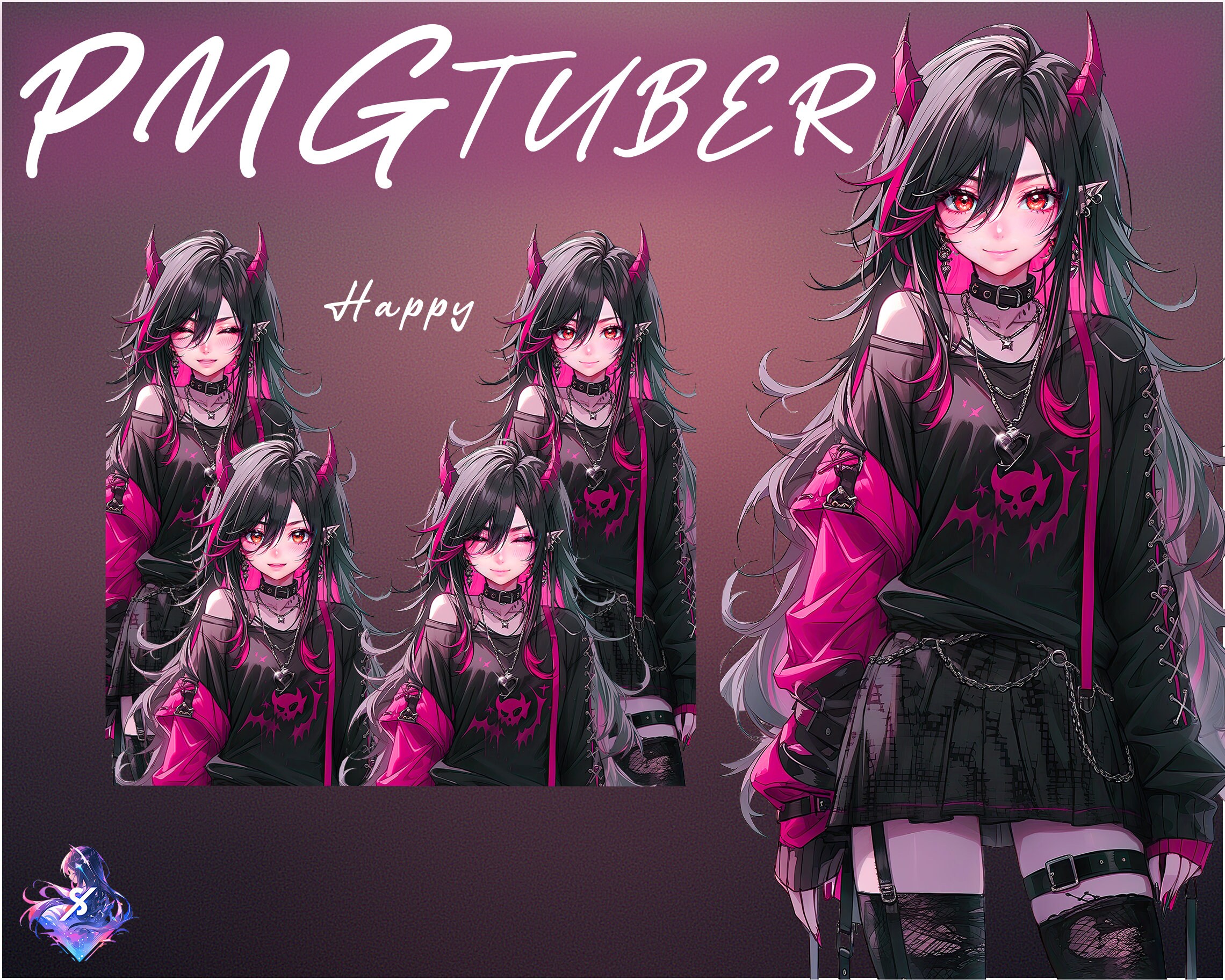 PNGTUBER Cute Goth Girl Vtuber 5 Expressions Premade Female Streamer ...