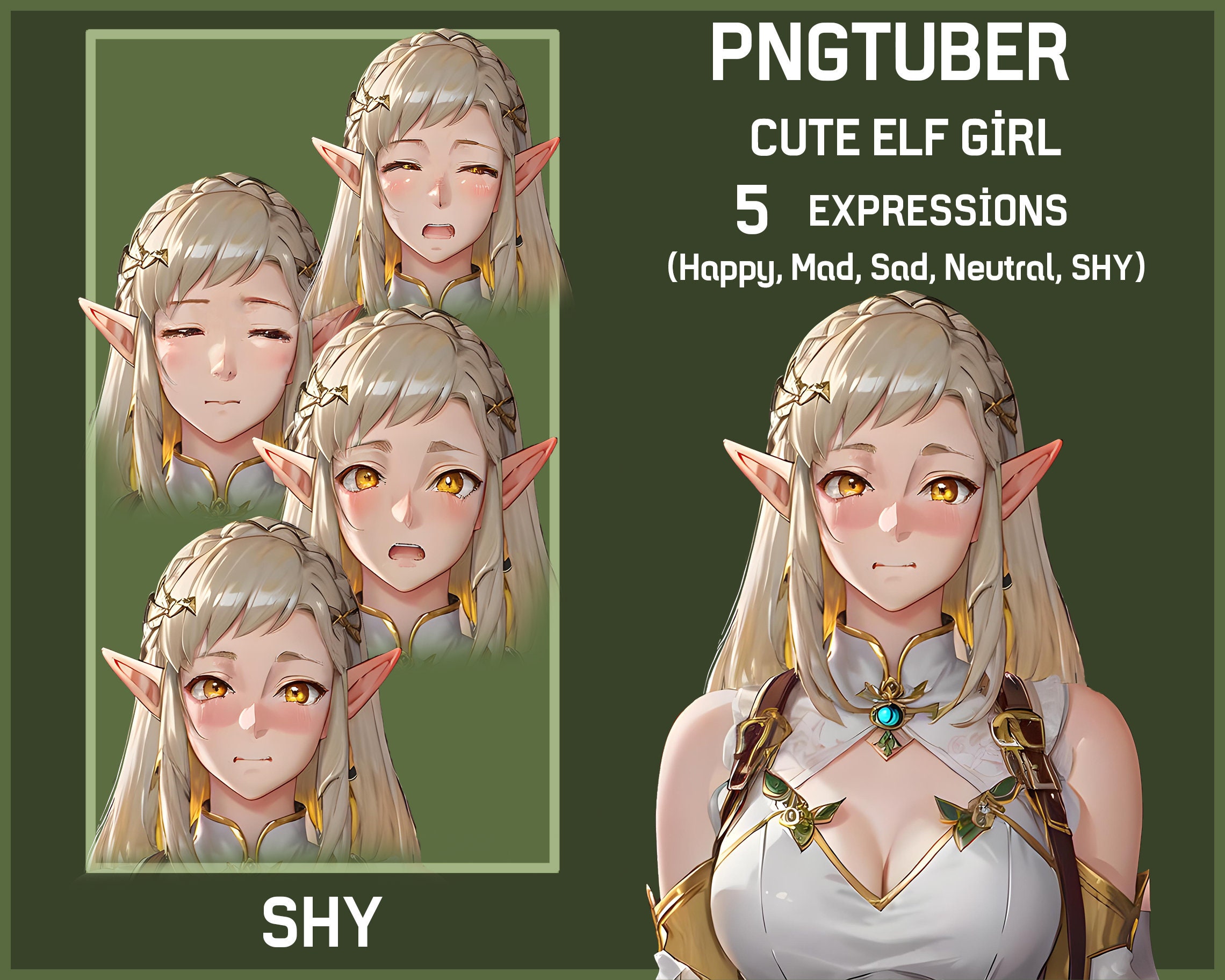 PNGTUBER Cute ELF Girl Vtuber 5 Expressions Premade Female Streamer ELF ...
