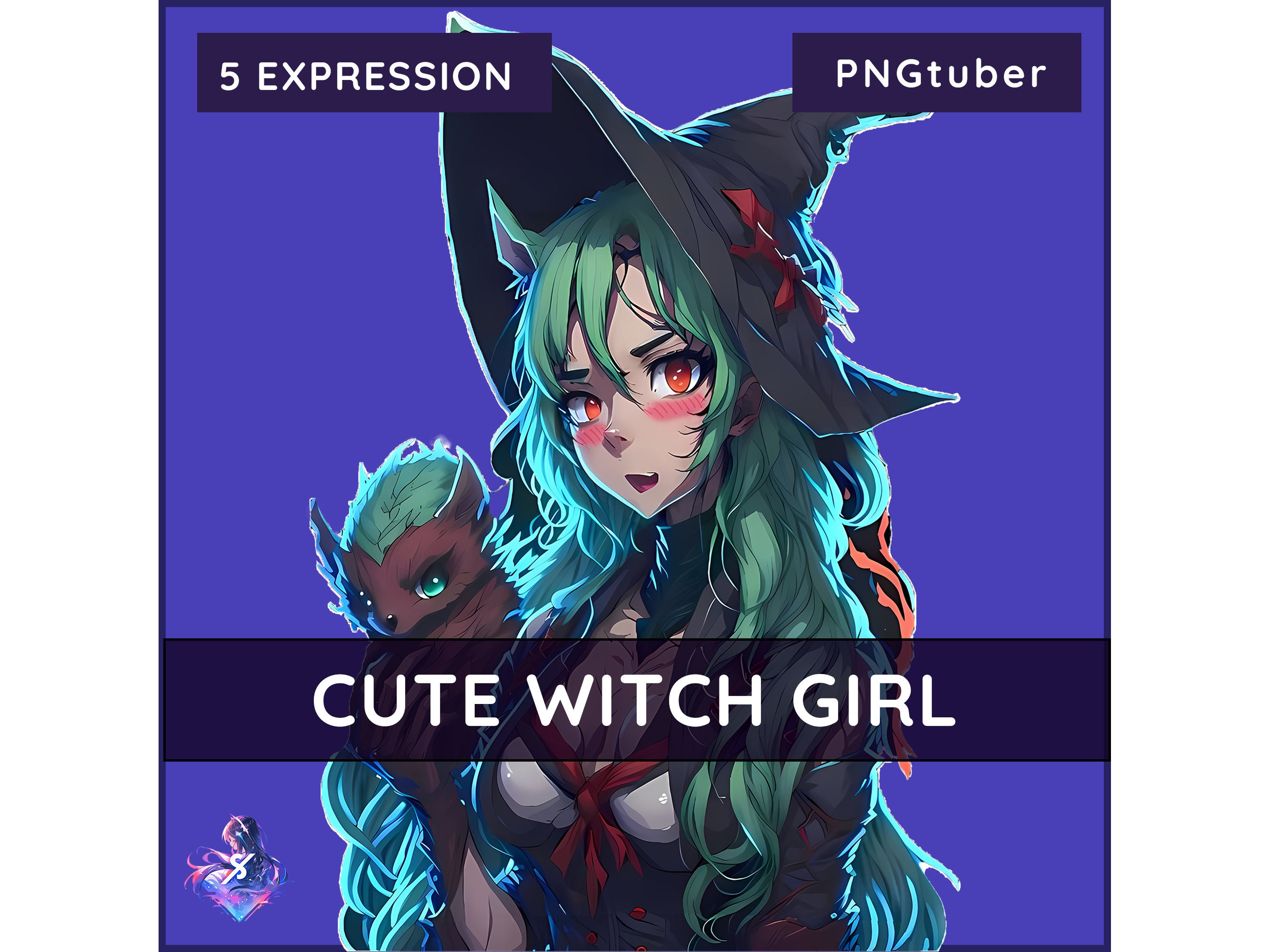 PNGTUBER Cute Witch Girl Vtuber 4 Expressions Premade Female Streamer Magical 2D Model Vtuber ...