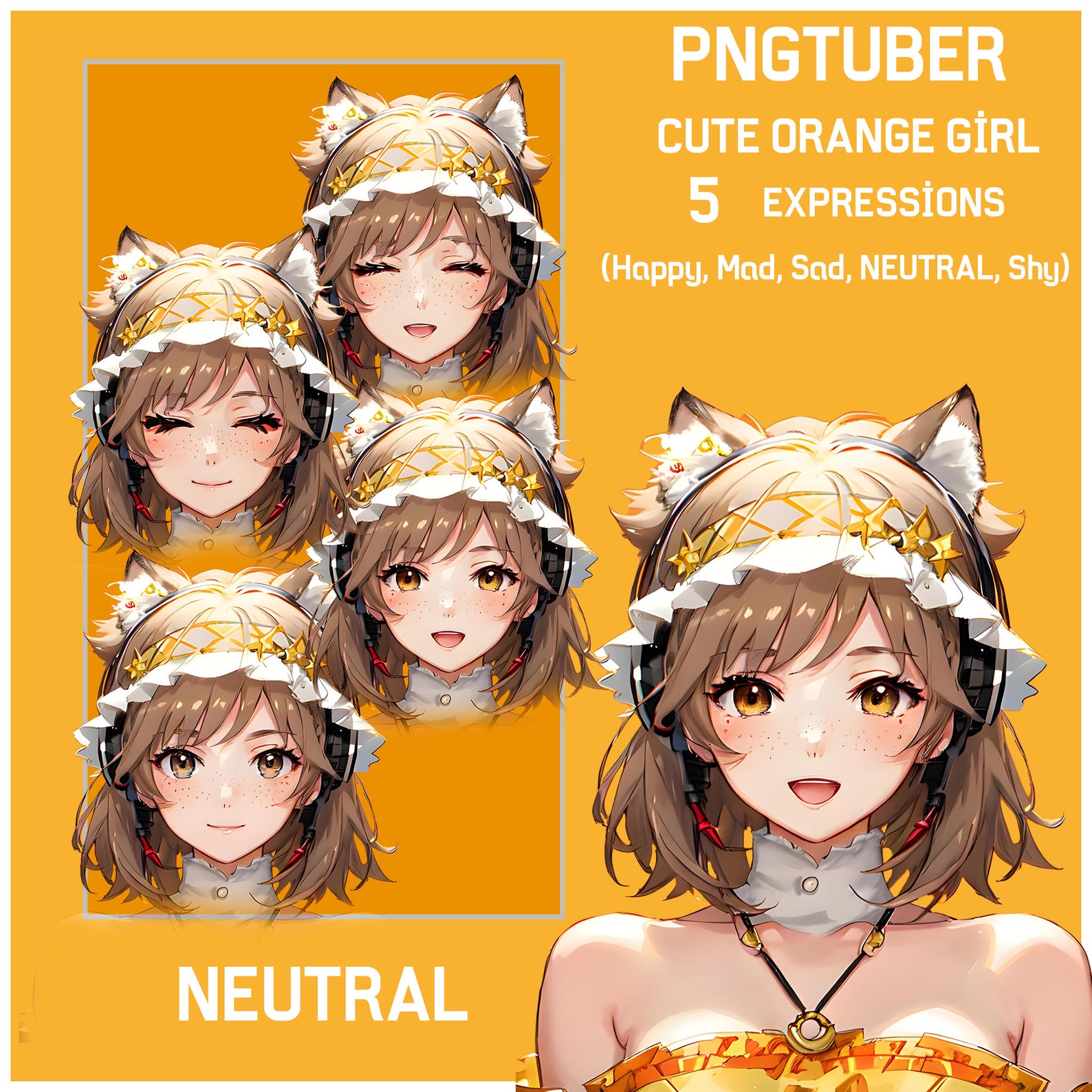 PNGTUBER Cute Orange Girl Vtuber 5 Expressions Premade Female Streamer ...