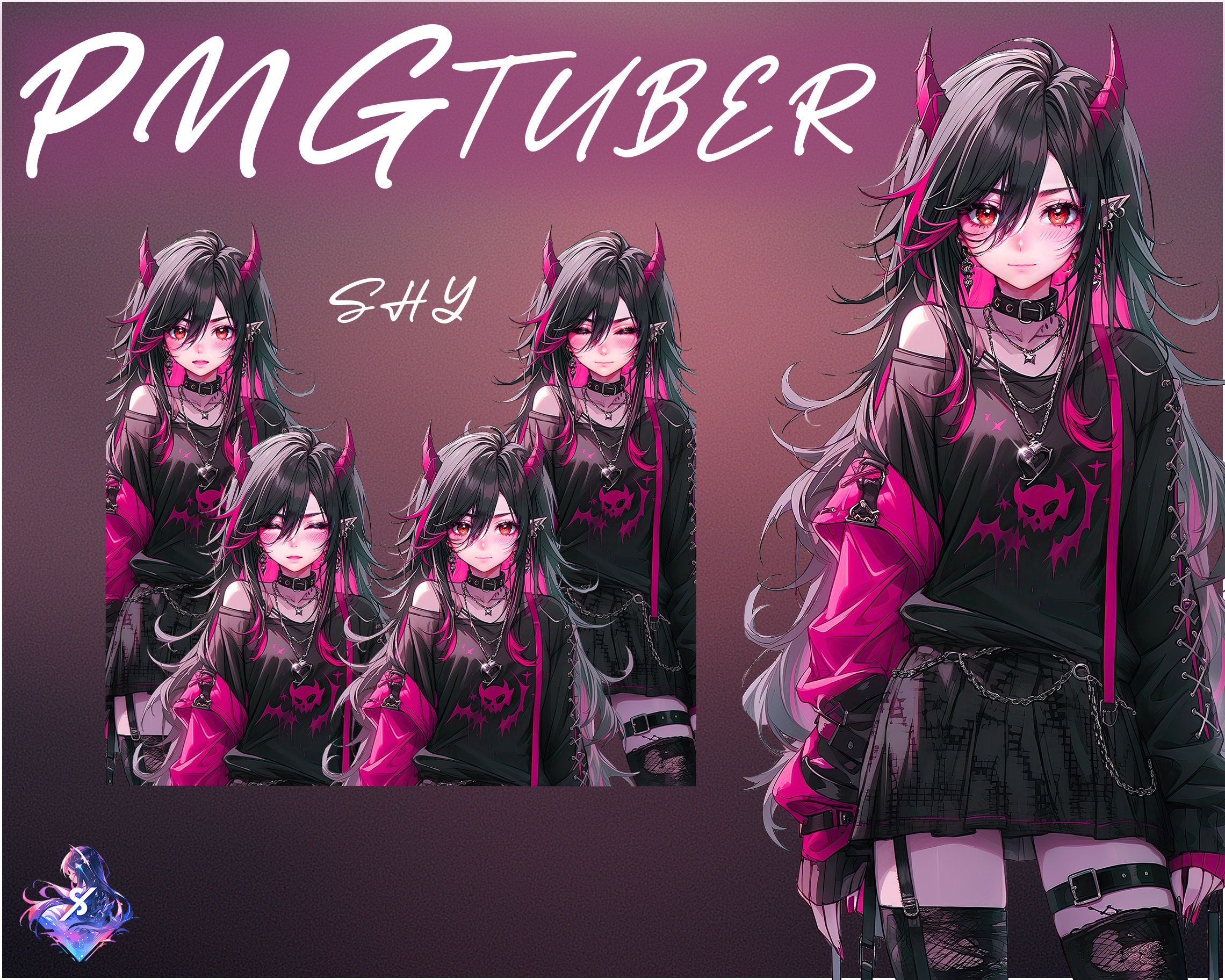 PNGTUBER Cute Goth Girl Vtuber 5 Expressions Premade Female Streamer ...