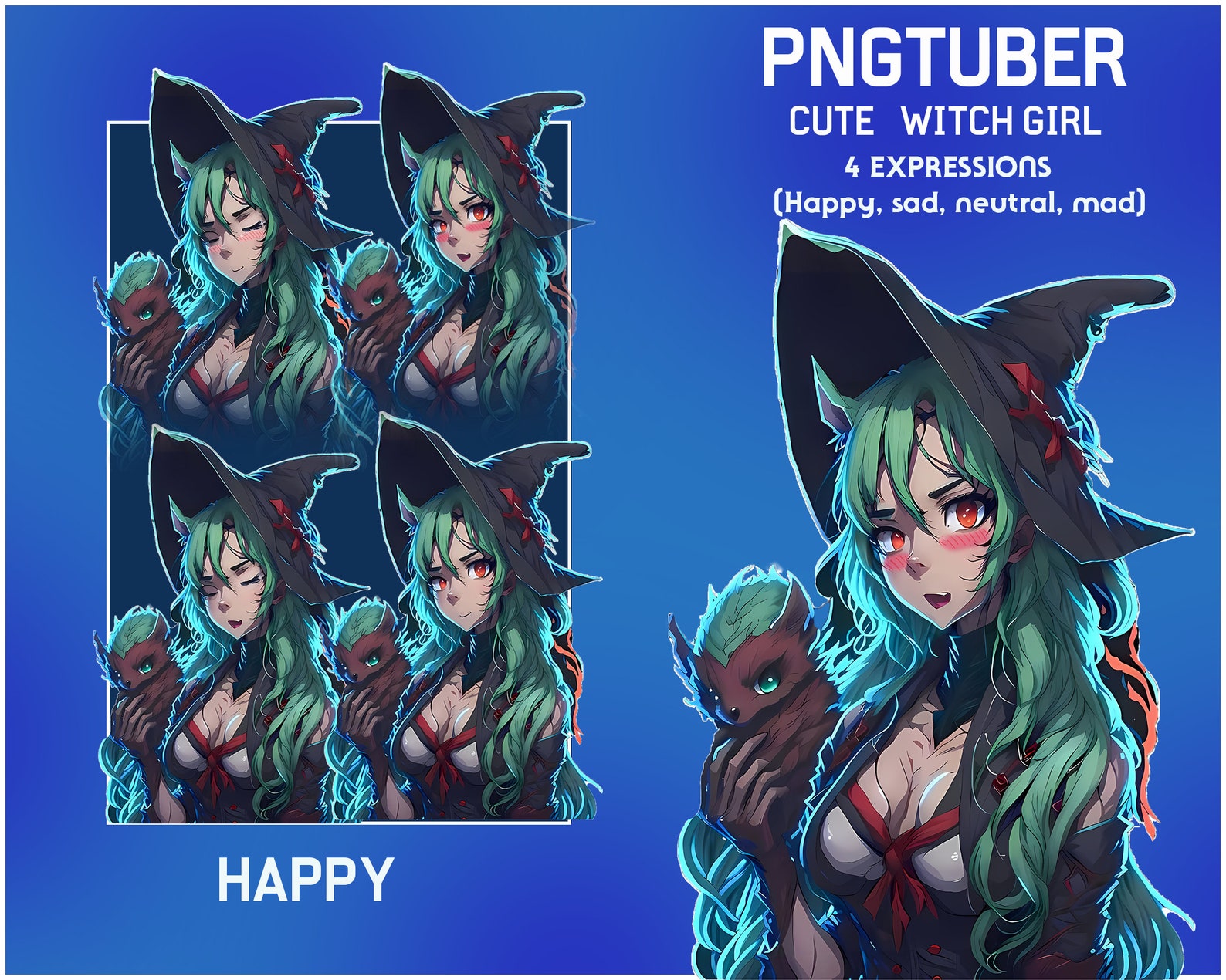 PNGTUBER Cute Witch Girl Vtuber 4 Expressions Premade Female Streamer Magical 2D Model Vtuber ...