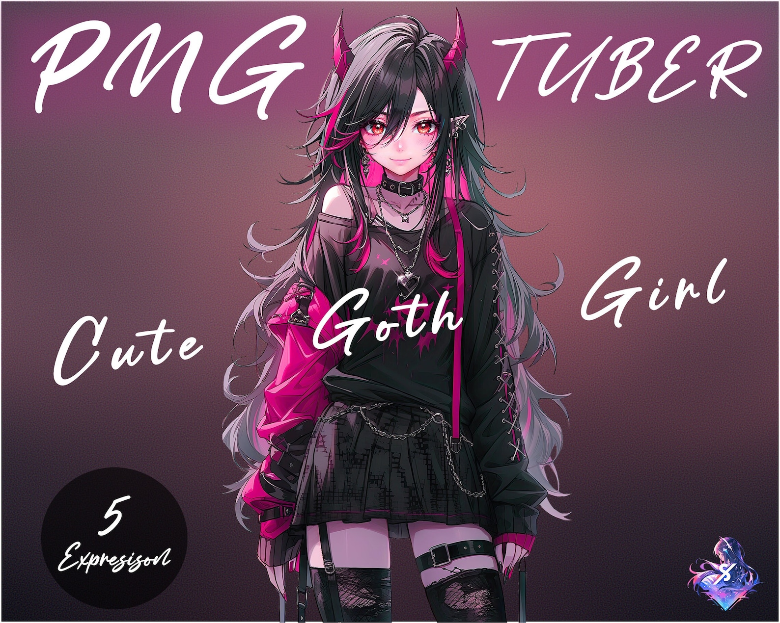 PNGTUBER Cute Goth Girl Vtuber 5 Expressions Premade Female Streamer ...