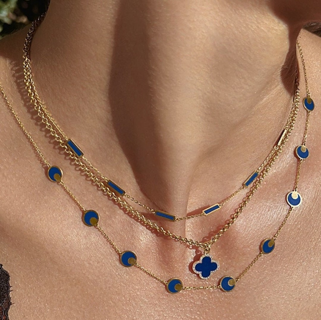 Lapis Station Necklace 14K Gold Inlay Bar Station Necklace Gemstone Station Necklace Lapis ...