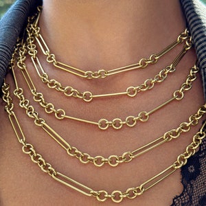 Mixed Link Chain Necklace 14K Gold Elongated Oval Link Chain 14K Chunky ...