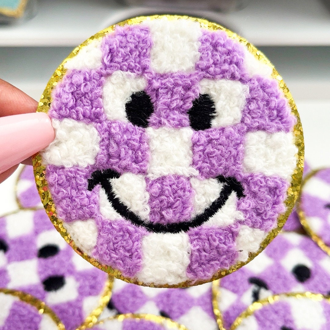 Iron on Embroidery Checker Patch Checkered Smiley Chenille Patch ...