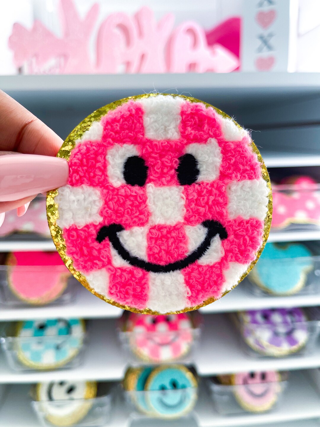 Pink Checkered Smiley Chenille Patch Smile Face Iron on Patch Denim ...
