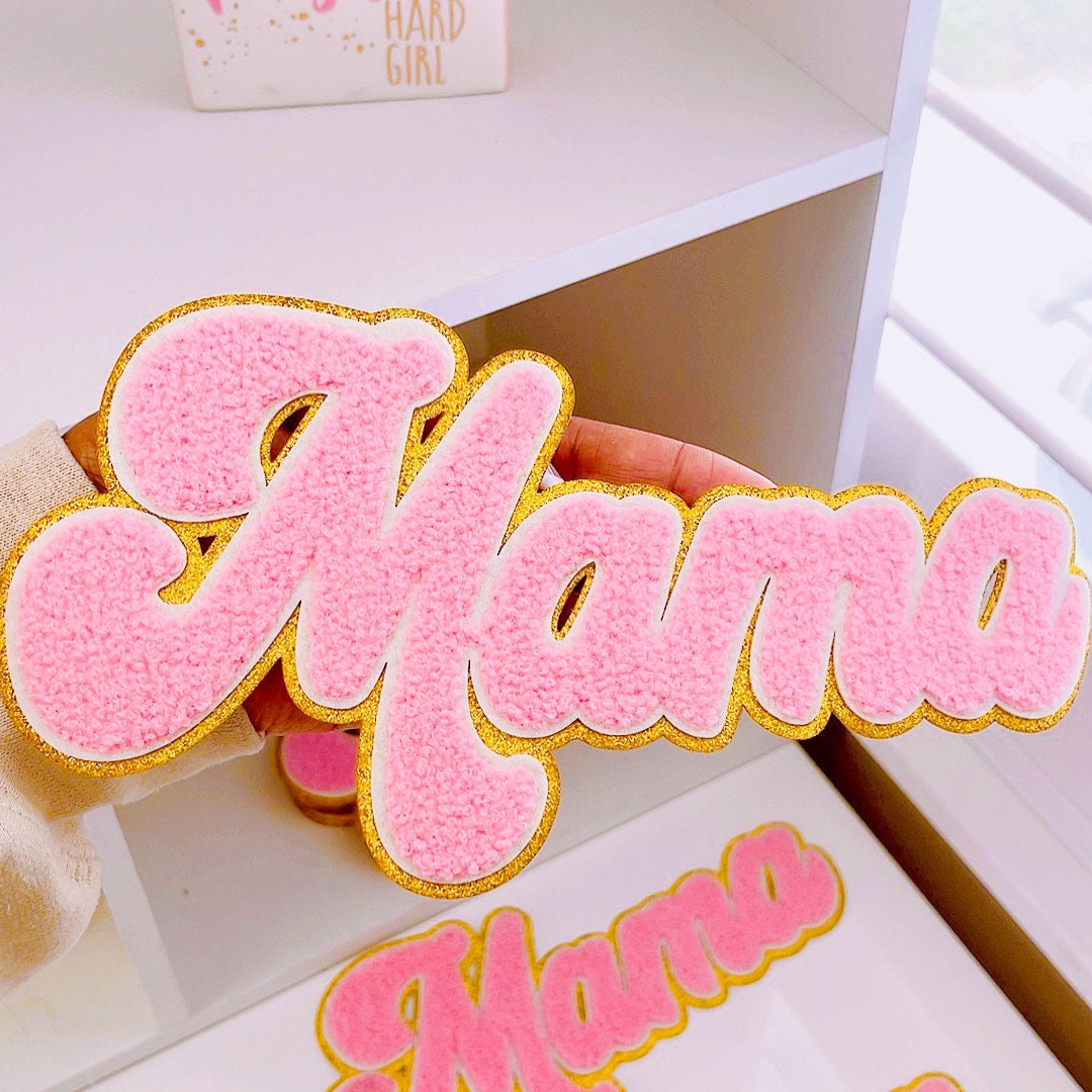 Mama Pink Chenille Patch Mama Patch With Gold Glitter Mama Cursive ...
