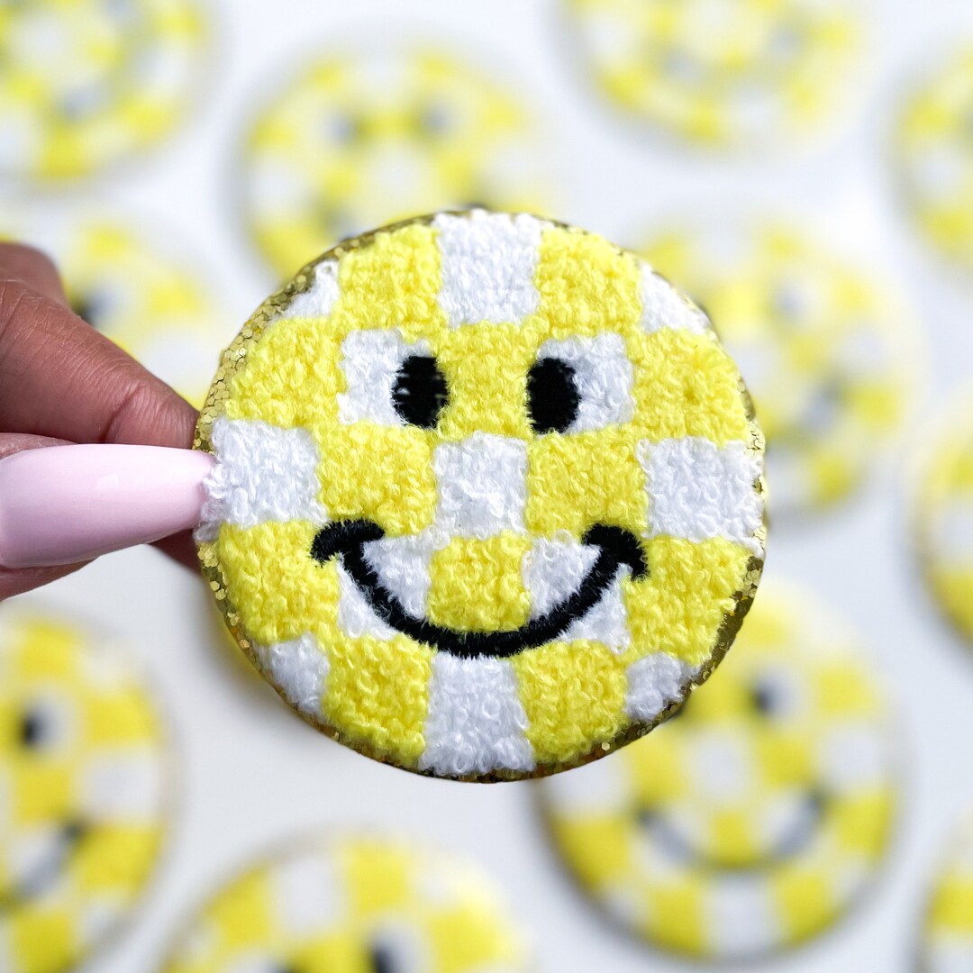 Checkerboard Yellow Face Chenille Patch With Gold Glitter Preppy Iron ...