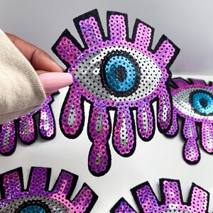 Iron on Patches Embroidered Sequin Evil Eye Patch Purple Turquoise Eye ...