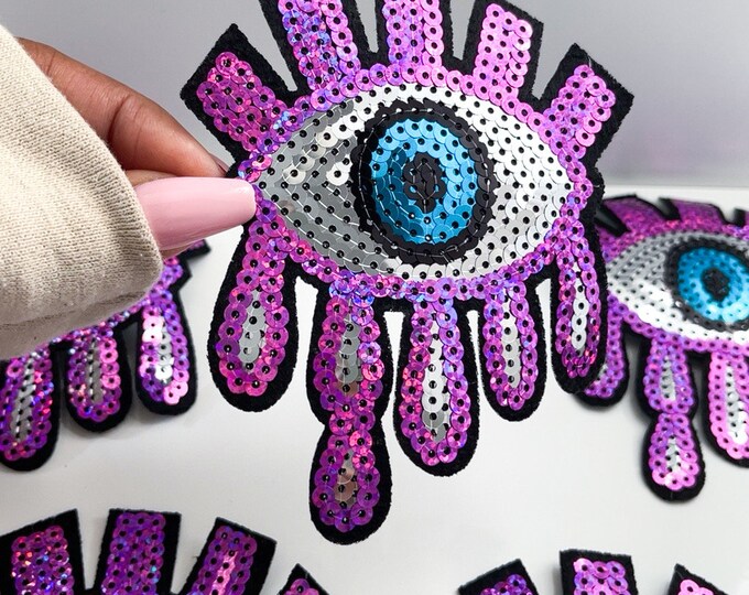 Iron on Patches Embroidered Sequin Evil Eye Patch Purple Turquoise Eye Sparkle Patch for ...