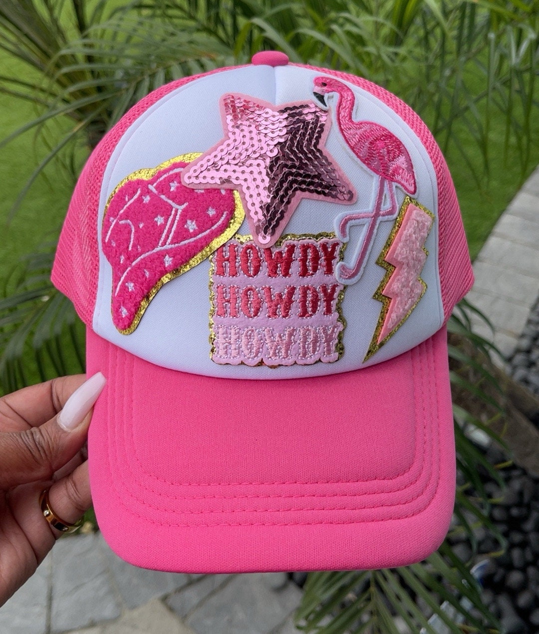 Howdy Trucker Hat With Patches Pink Flamingo Western Hat Sequin Star ...