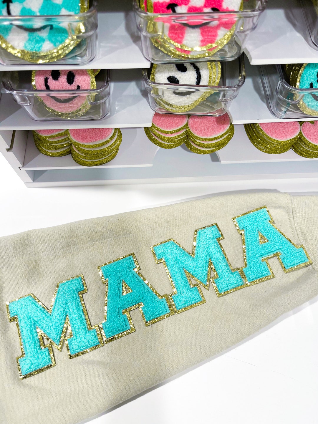 Mama White Chenille Patch Mama Patch With Gold Glitter Mama Cursive ...