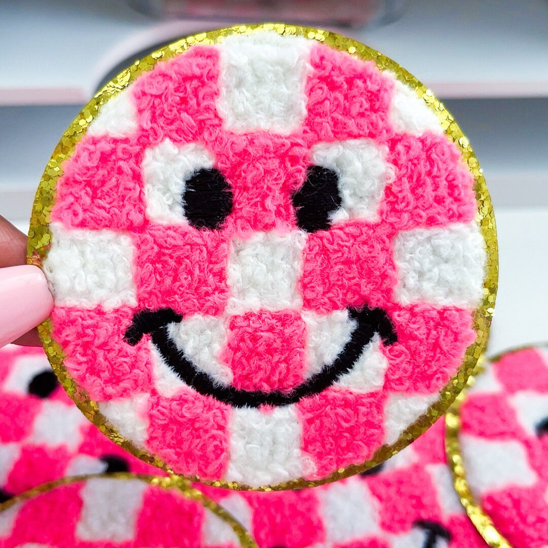 Pink Checkerboard Smiley Face 2.75 Chenille Patch With Gold Glitter ...