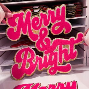 Merry & Bright Iron on Patch Christmas Chenille Holiday Sweatshirt Patch Fuzzy Chenille Patch ...