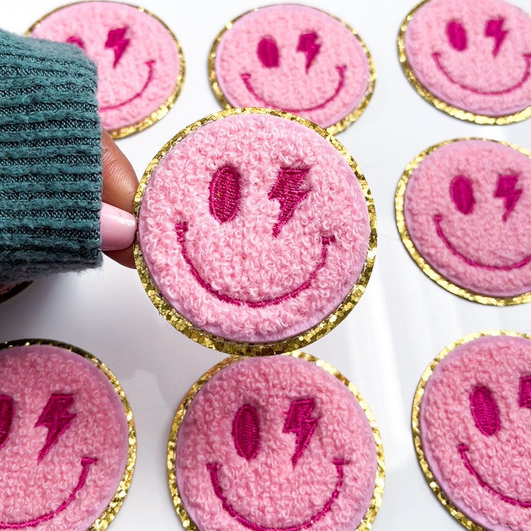 Pink Smiley Chenille Patch for Sweatshirt - Iron-on Glitter Applique ...