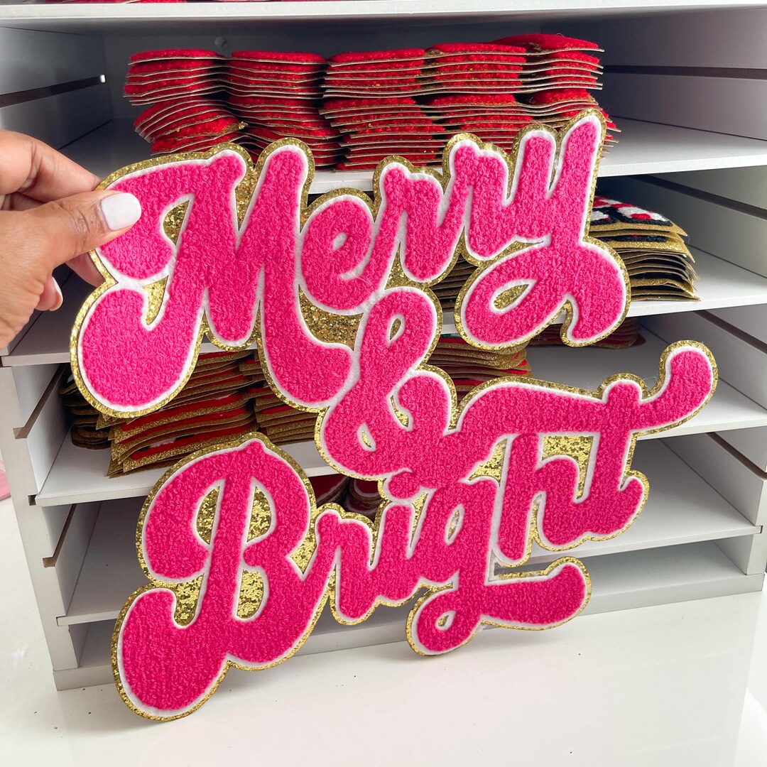 Merry & Bright Iron on Patch Christmas Chenille Holiday Sweatshirt Patch Fuzzy Chenille Patch ...